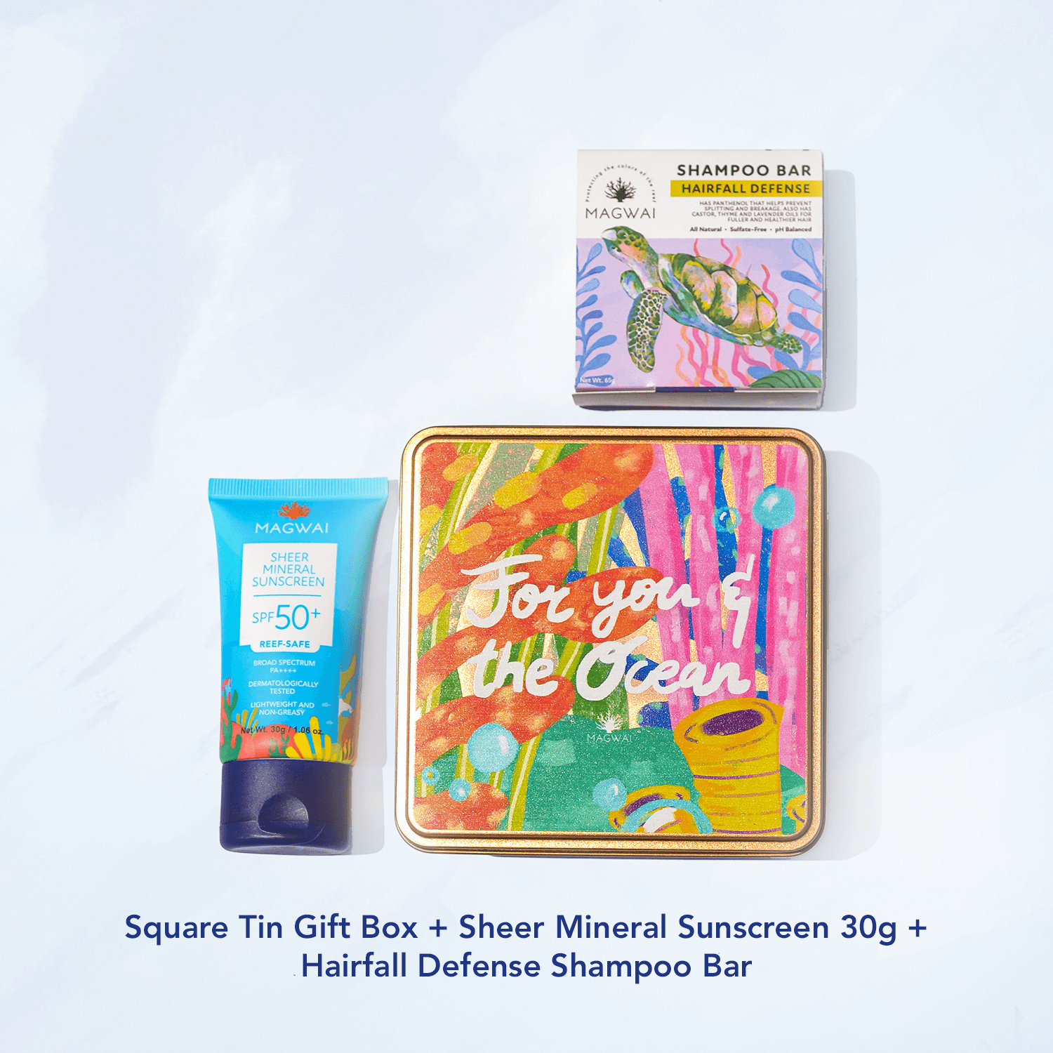 MAGWAI Coral Treasures Set | Square Tin Gift Box + Shampoo Bar + Sheer